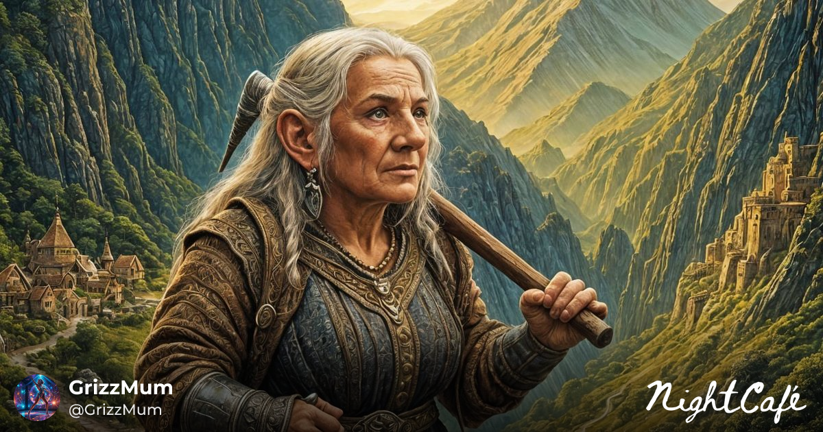 Image of an older female Dwarf diamond miner, carrying a pick axe on ...