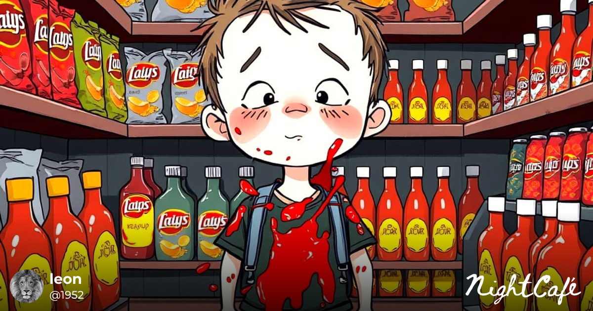 A boy got ketchup - Boy's Ketchup Mess While Eating Chips