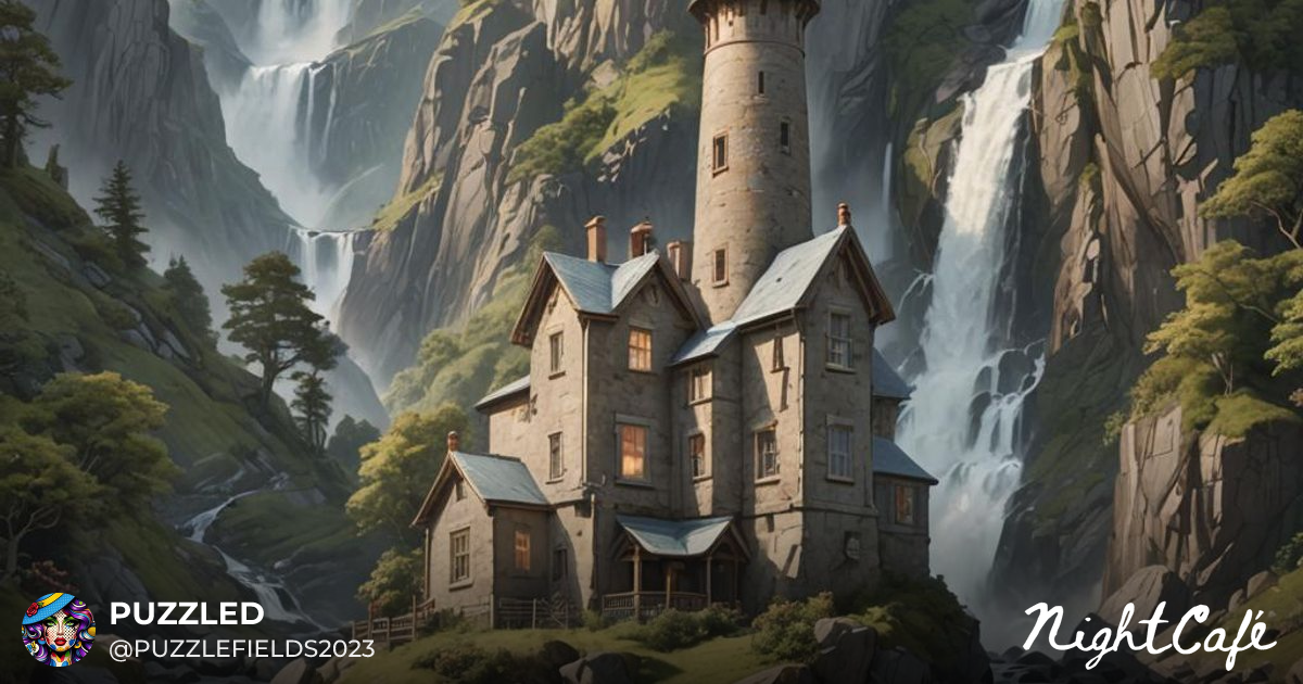 A waterfall, mountain, lighthouse. art by Beatrix Potter, head and ...