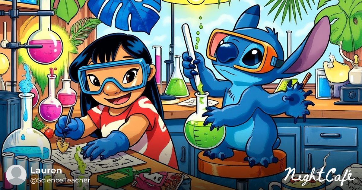 create a picture of Lilo and stitch doing experiments with acids and bases.