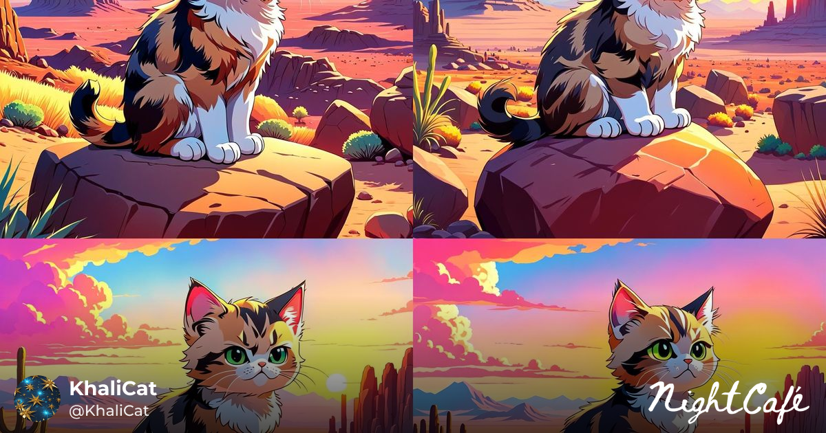 Grumpy Kitten at Desert Sunset, Ghibli Style - AI Art