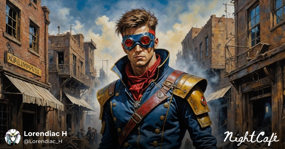 Steampunk Cyclops of the X-Men in a ravaged town.