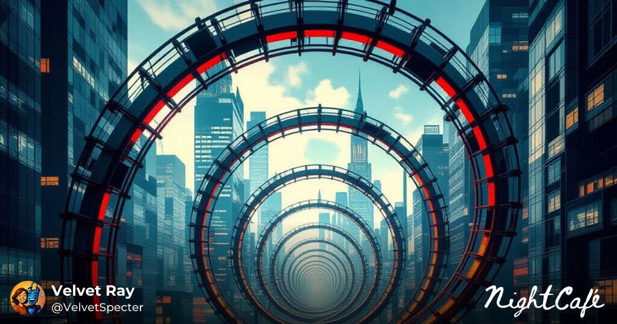 vertigo-inspired scene with impossible loops and twisted metal spirals, distorted urban geometry