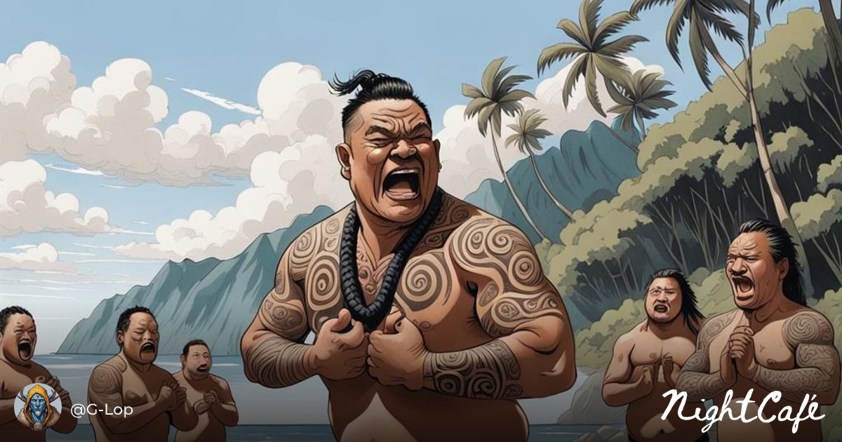 Maori Draw Test 2b - Maori Man Haka on Tropical Beach, Ink A...