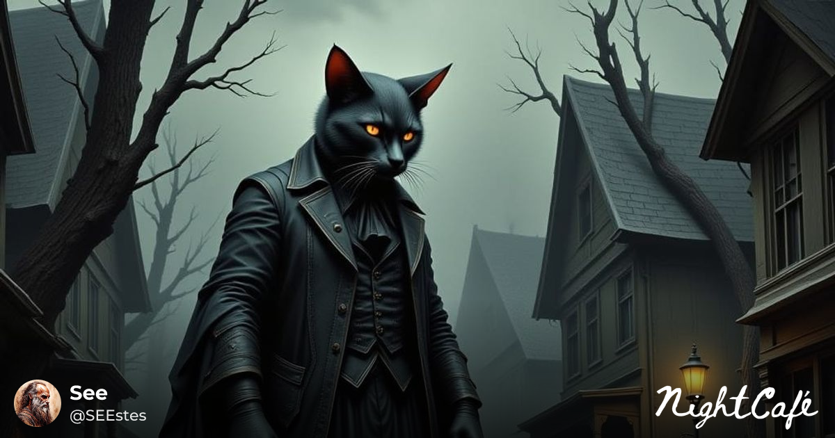 Mysterious Black Cat Strolls Through a Deserted Gh... - AI Art