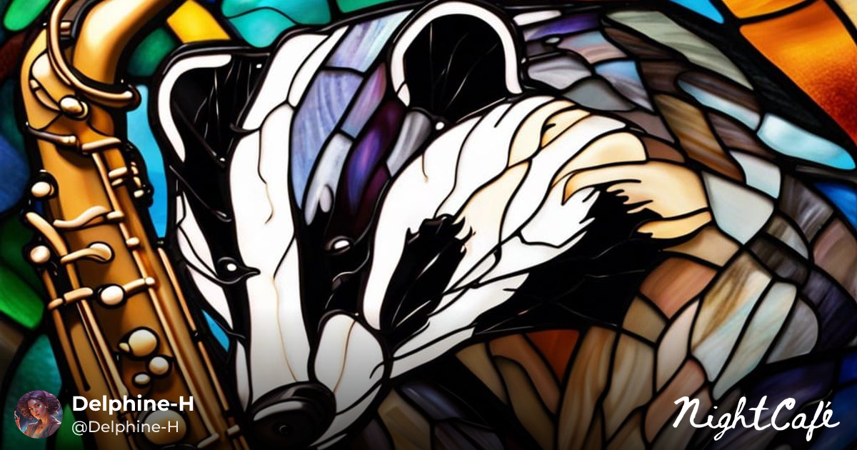 Stained glass representing a badger playing saxophone