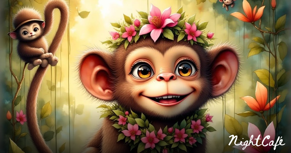 Cheerful Monkey with Flower Garland in Semi-Realis... - AI Art