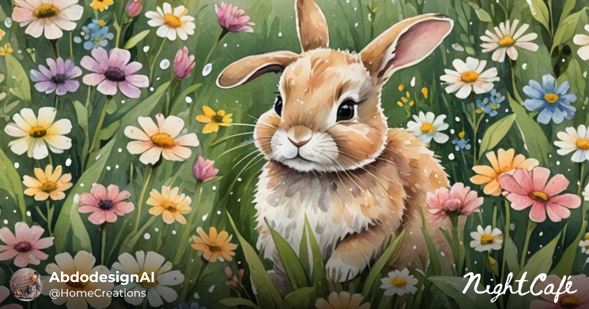 Baby Bunny in Flowers Watercolor Illustration - AI Art