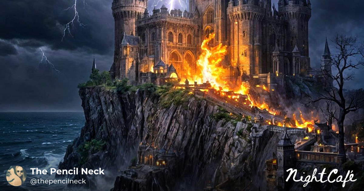 Gothic Castle Ablaze on Stormy Cliffside - AI Art
