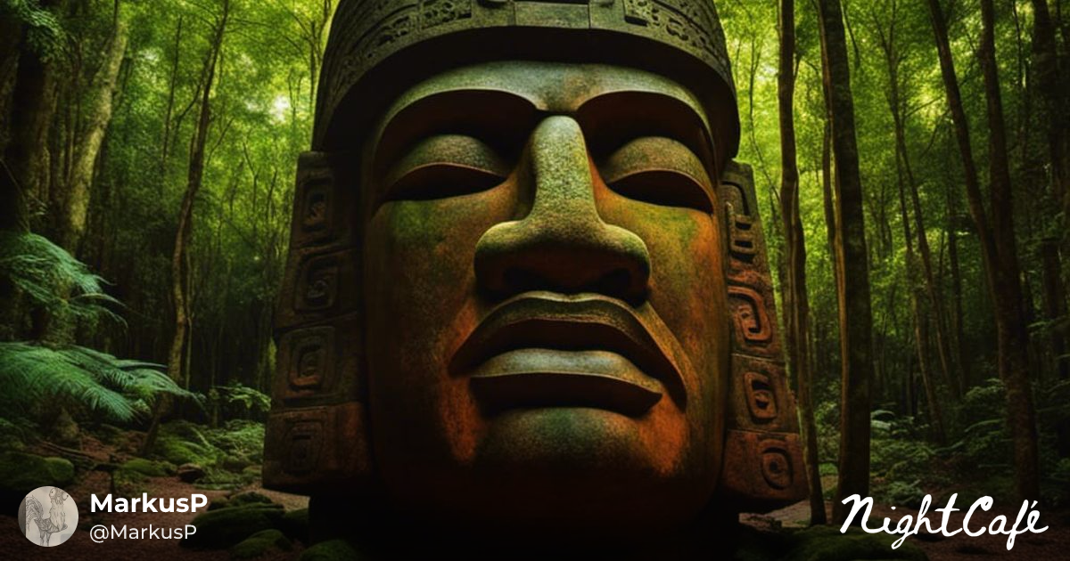 Forgotten Relic - Ominous Olmec Figure in Dark Forest Landsc...
