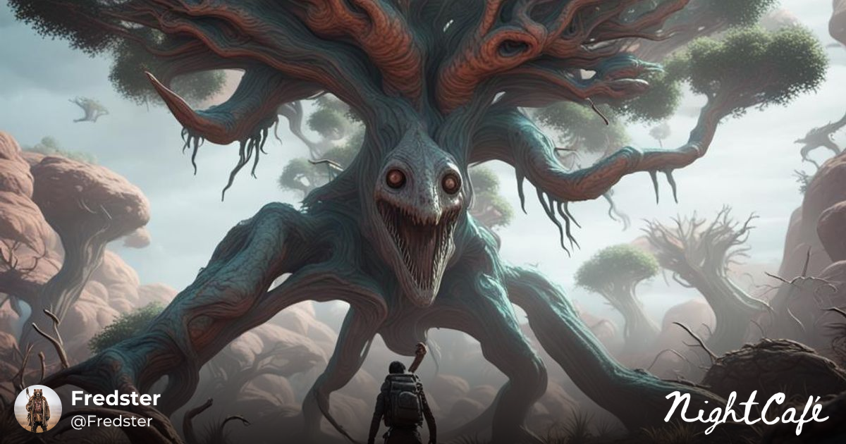 Traveller Attacked by Carnivorous Tree: 3D Game Ci... - AI Art