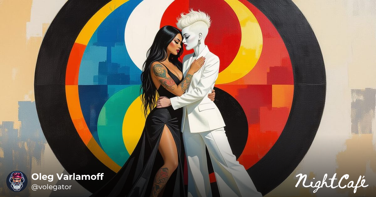 Impressionist painting of two beautiful female embracing: one woman is barefoot and has long ...