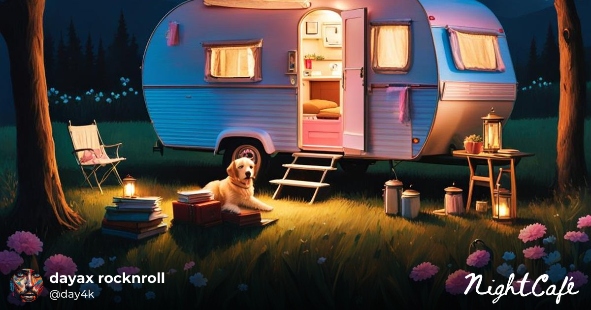 Night camping area - Baby Blue Caravan at Night: Photorealis...