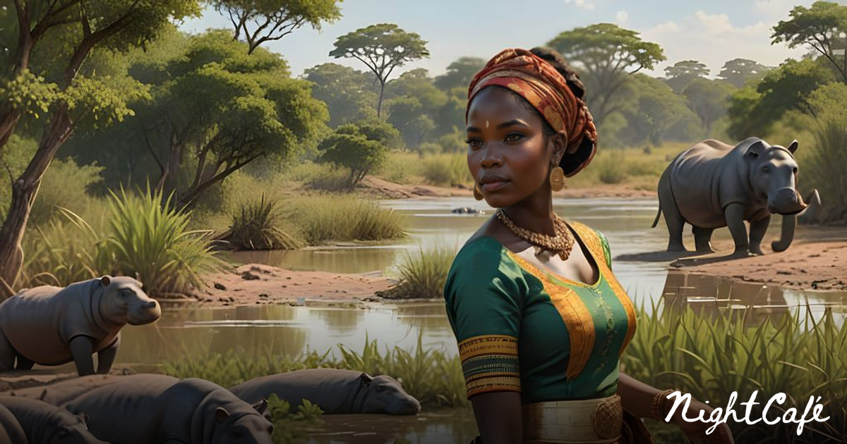 A Serene Kavango Girl in Traditional Attire on the... - AI Art