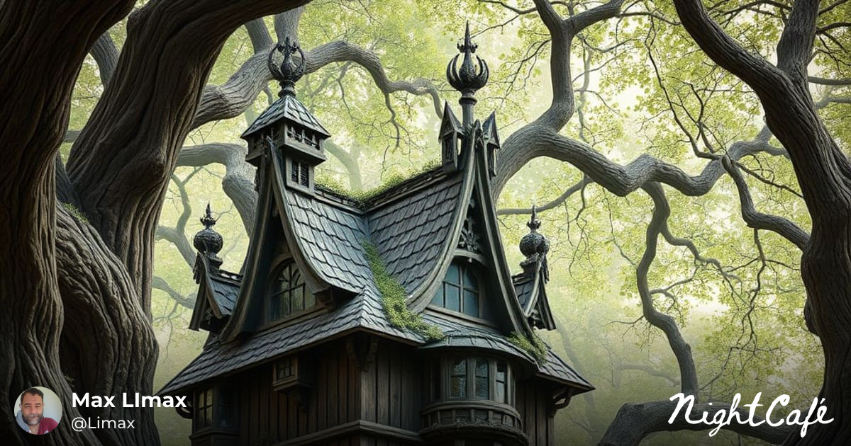 Gothic Treehouse with Gargoyle Carvings in Dark, M... - AI Art