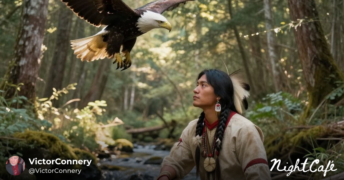 Native American Warrior Reflects by Stream with So... - AI Art