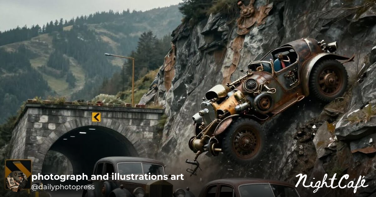 Steampunk Rolls Royce Crashes on Mountain Road - AI Art