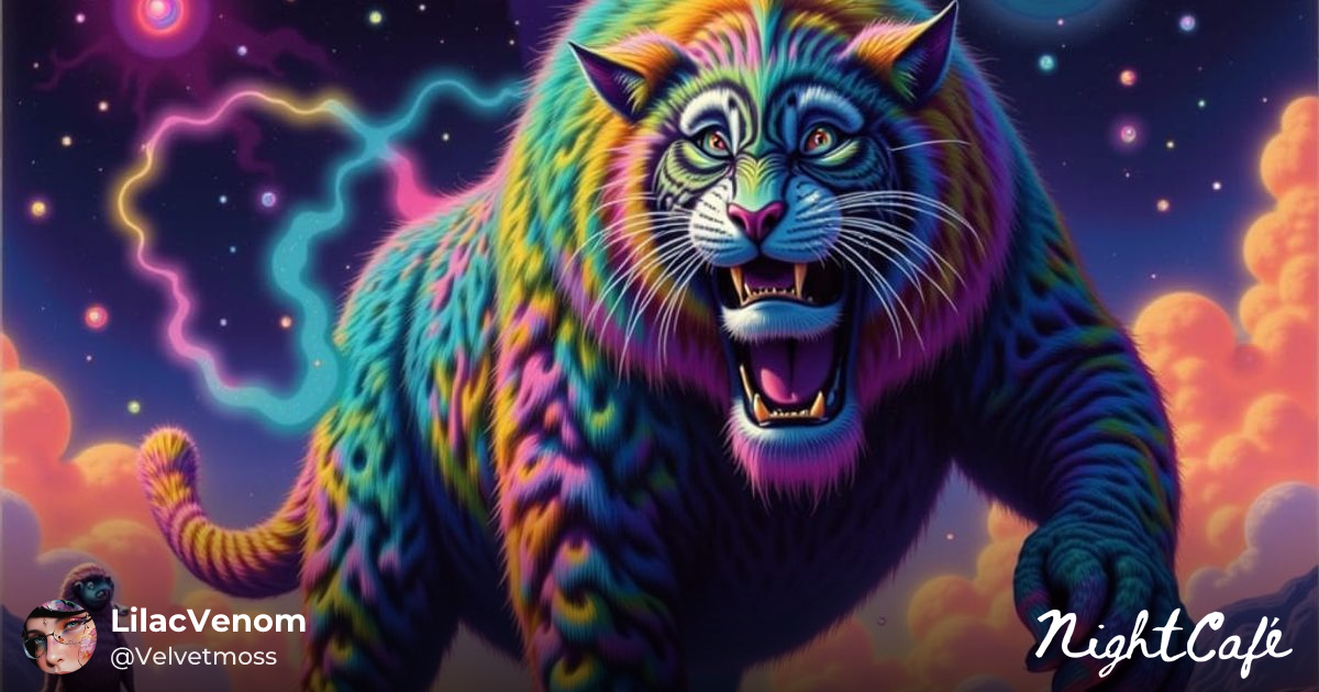 Rainbow Sabertooth Tiger in Astral Cloudscape - AI Art