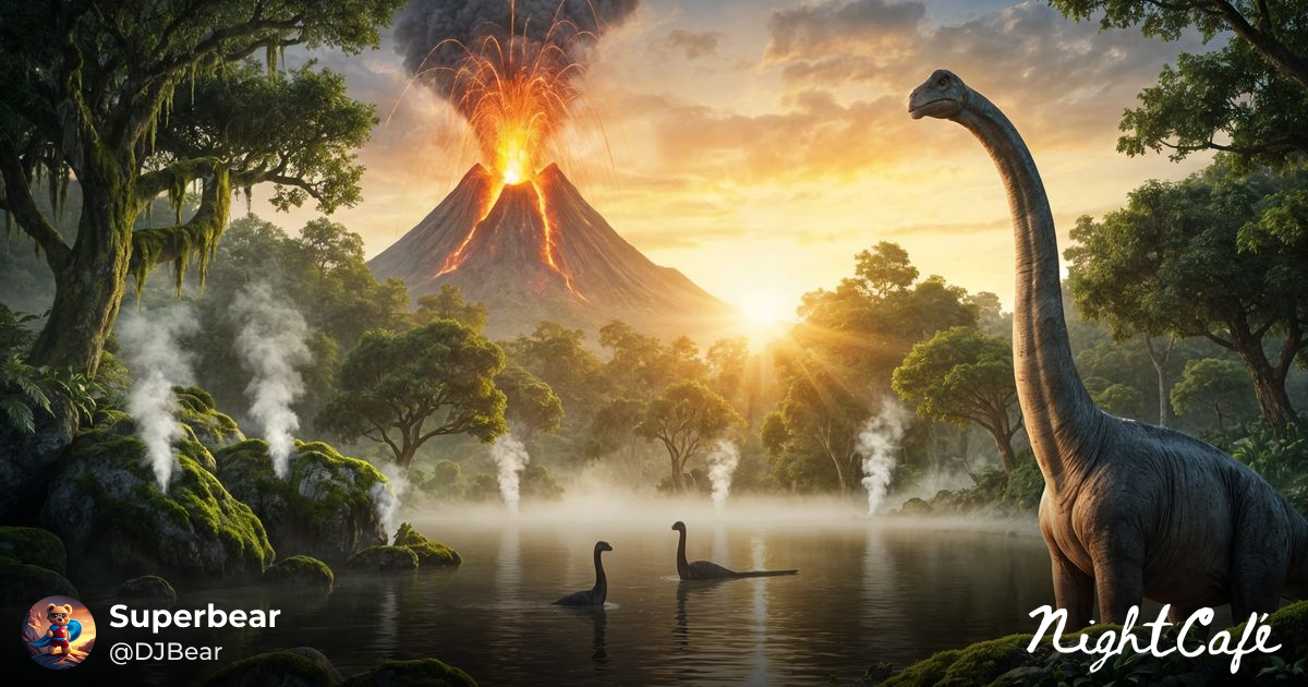 Jurassic morning - Erupting Volcano with Dinosaurs in Jurass...