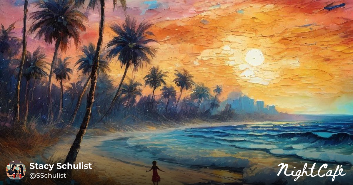 Palm 🌴lined beach at sunset - Impressionist Beach Scene wi...