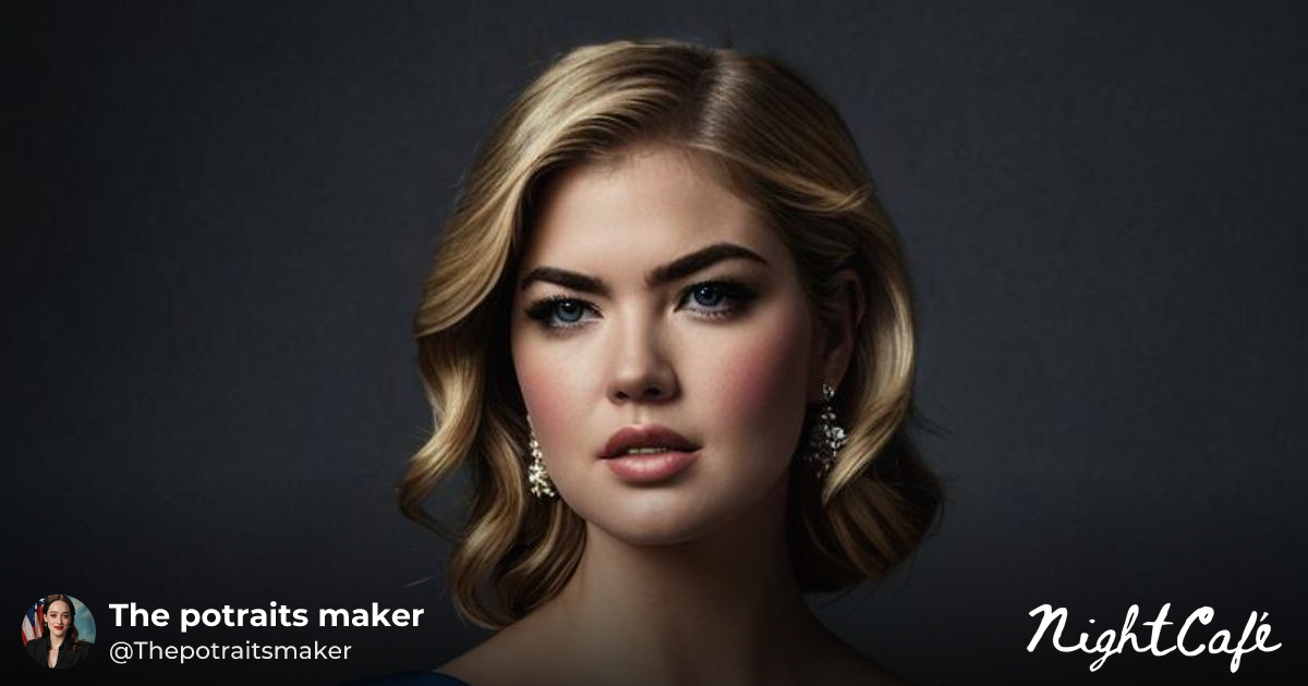 Kate Upton standing against a dark background. She is dressed in a blue ...