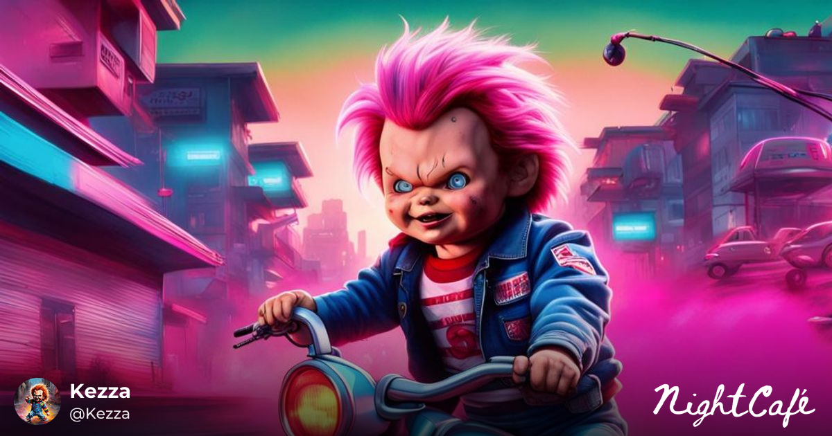 Chucky Races Motorbike in Neon Pink Sky - AI Art