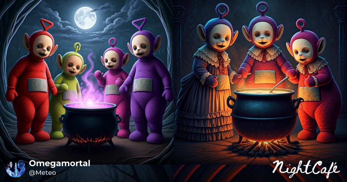 Four Teletubbies as Dark Vampires Gather around a ... - AI Art