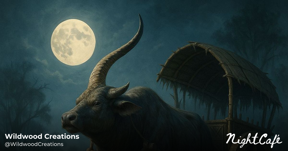 Majestic Water Ox Pulling Cart Under Moonlight - AI Art