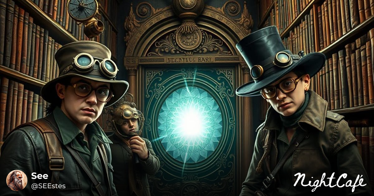 Steampunk Explorers Discover a Portal in Library - AI Art