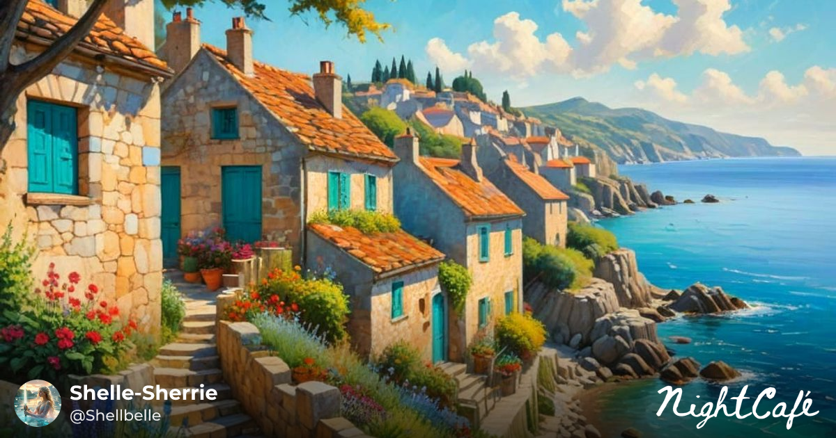 Ancient Coastal Village in Whimsical Abstract Styl... - AI Art