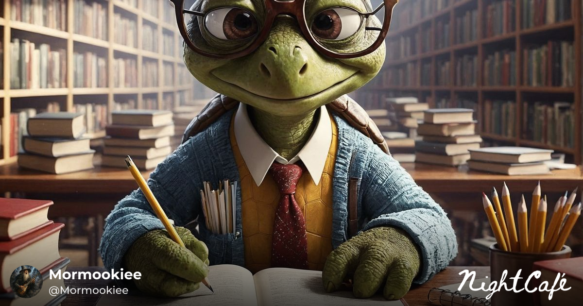 Nerdle or Smartle? - Cartoon Turtle Nerd Studying in Library