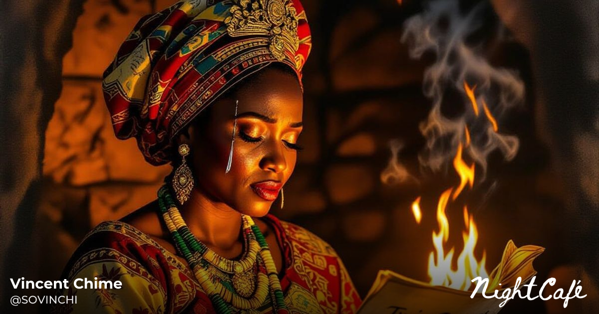 African Queen Reads Prophecy by Firelight - AI Art