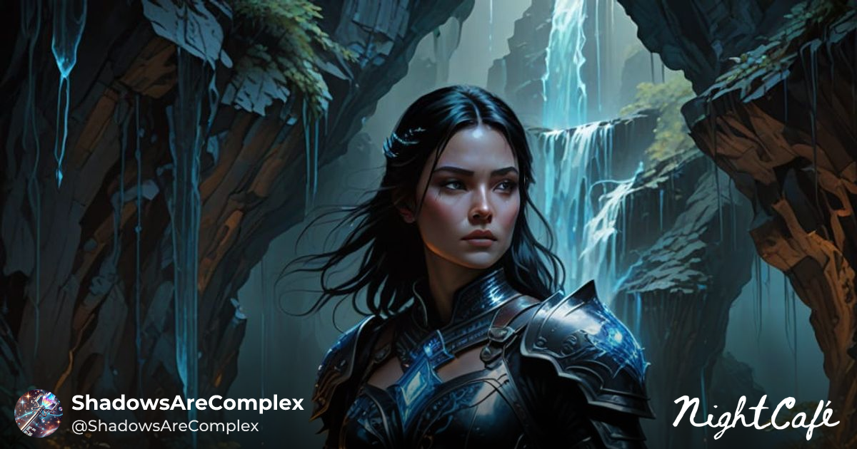 Dark Warrior in Cavern with Glowing Waterfalls - AI Art