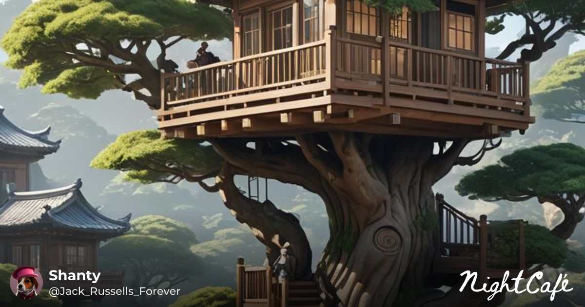 A bonsai treehouse with large windows and a balcony
