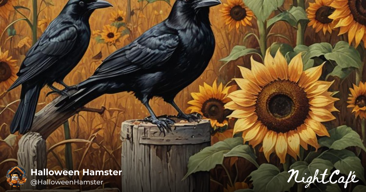 Rustic Spooky Farm: Crow and Sunflower Seeds in Oi... - AI Art