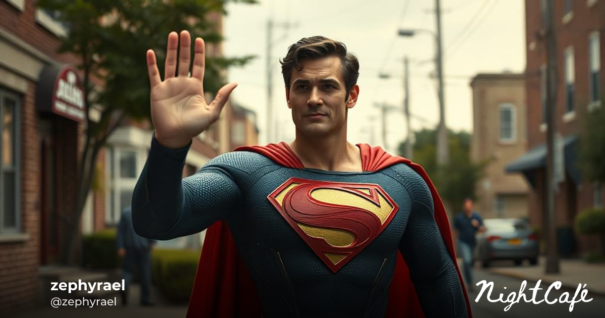 Superman taking a walk and waving to neighbors in a normal american town
