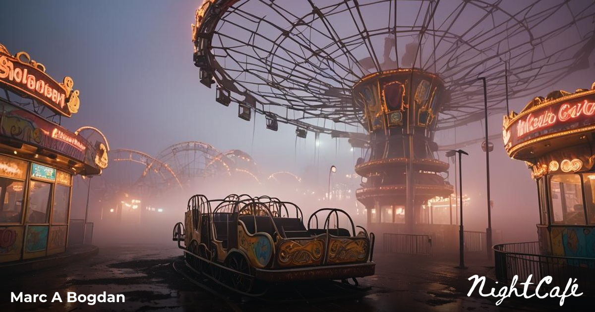 Deserted Rollercoaster Pierces Fog at Dusk - AI Art
