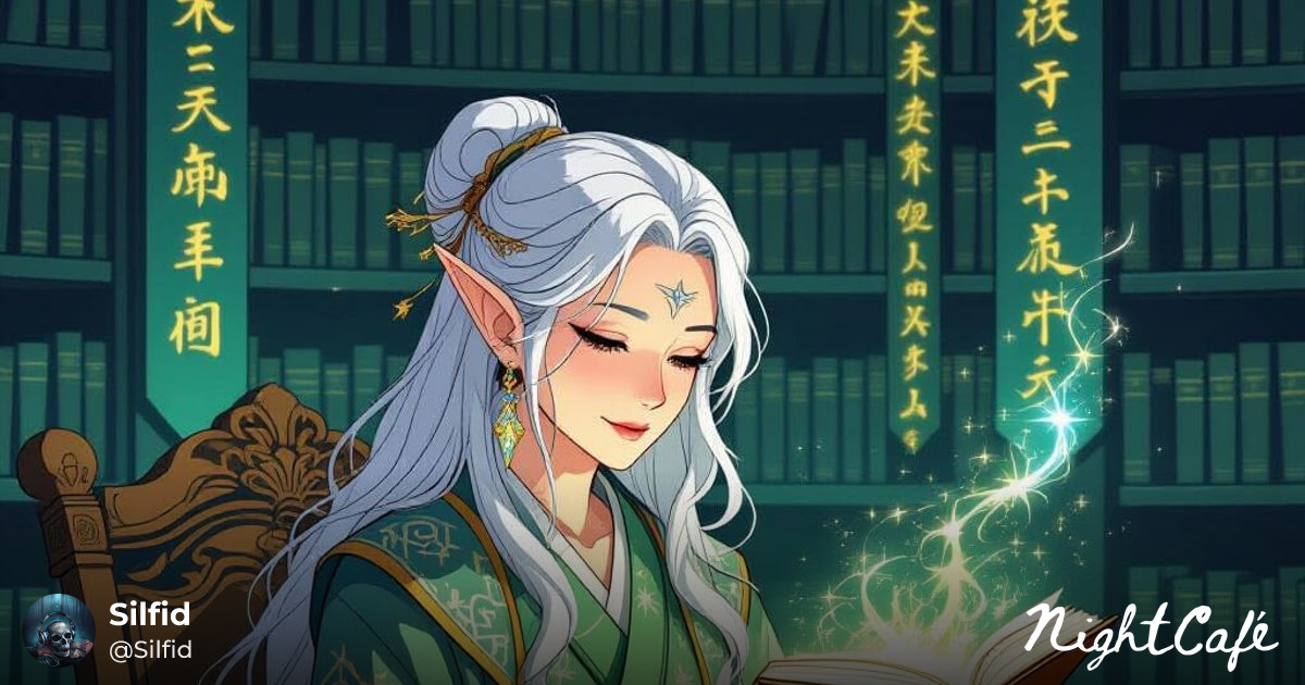 Wise Elf in Starlit Library, Ukiyo-e Style - AI Art
