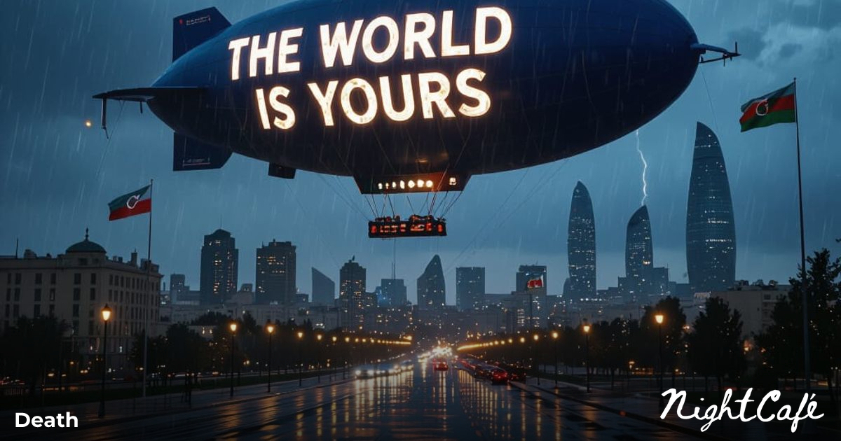 Blimp Over Baku in Rainy Cinematic Style - AI Art