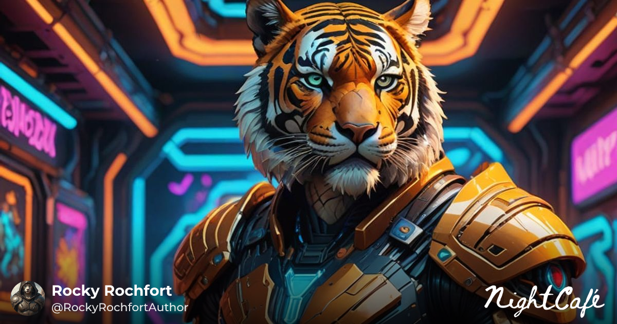 Stylized digital art. Medium shot. A sci-fi Tiger gunfighter stands in ...