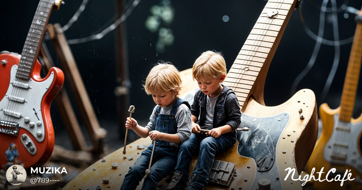 Children Play on Giant Guitar in Smoky, Melodic Wo... - AI Art