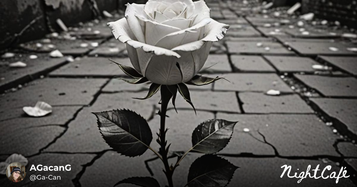 A single white rose growing through cracked concrete in an abandoned ...