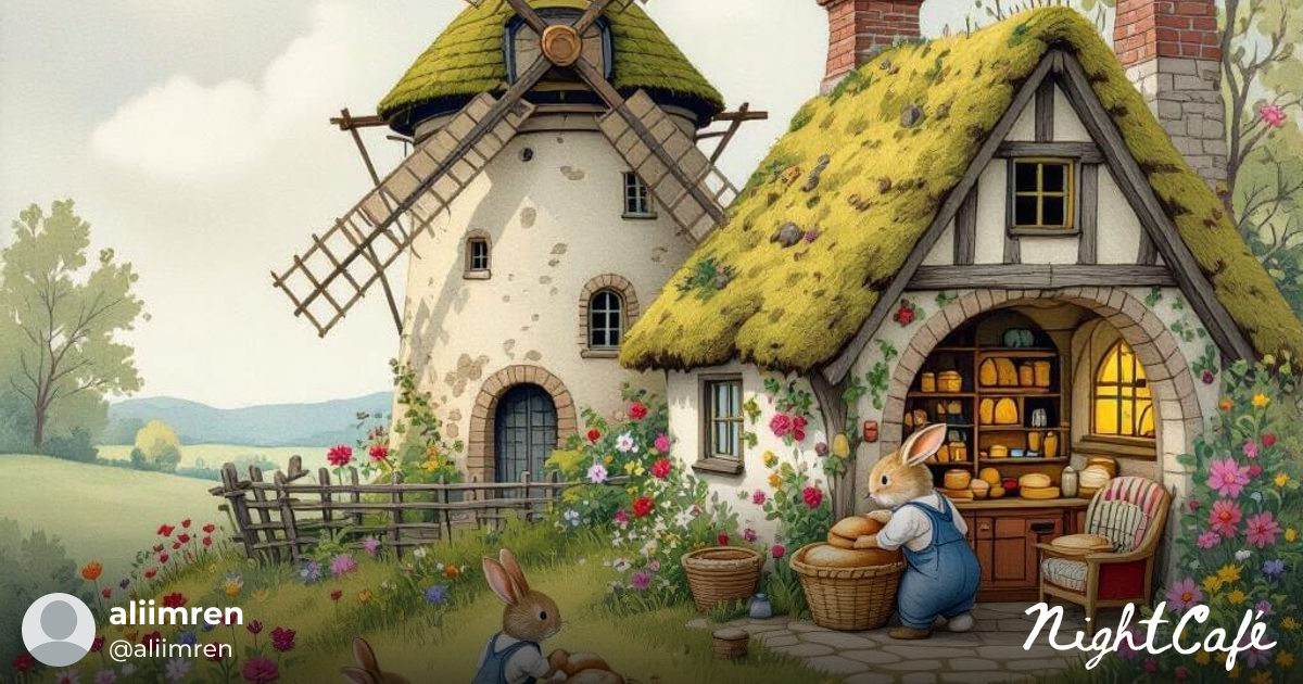 Whimsical Windmill Scene with Rabbit Family, Water... - AI Art