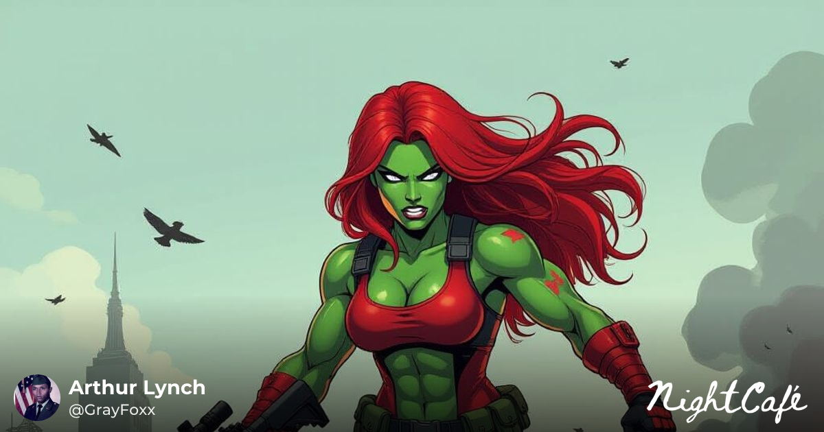 Red She Hulk and Soldier in War-Torn City - AI Art