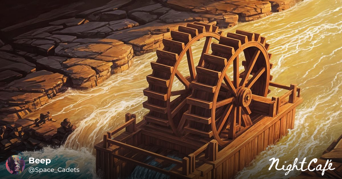 Upstream - Digital Waterwheel Majesty in Ethereal Light