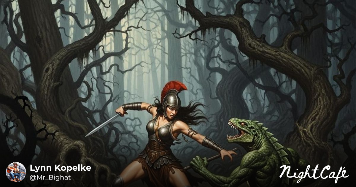 Warrior Woman Versus Lizardman in Ominous Swamp - AI Art