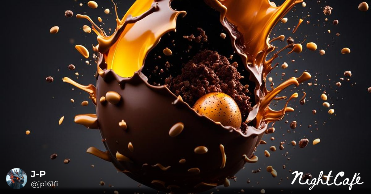 a hyper-realistic image of a broken chocolate egg shell filled with ...