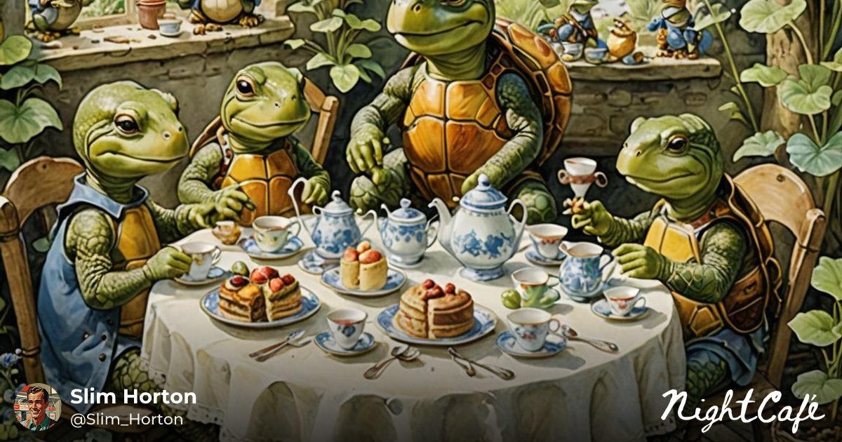 Turtles enjoy a tea party - Turtle Tea Party: A Whimsical Wa...