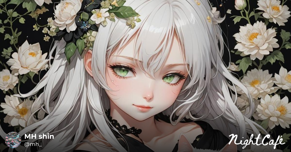 White hair, green eyes, black background, anime style, girl with a ...