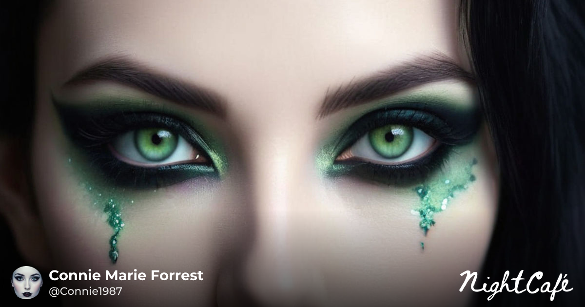 Stunning portrait of Gothic witch lady with black hair and light green eyes with shimmery green ...